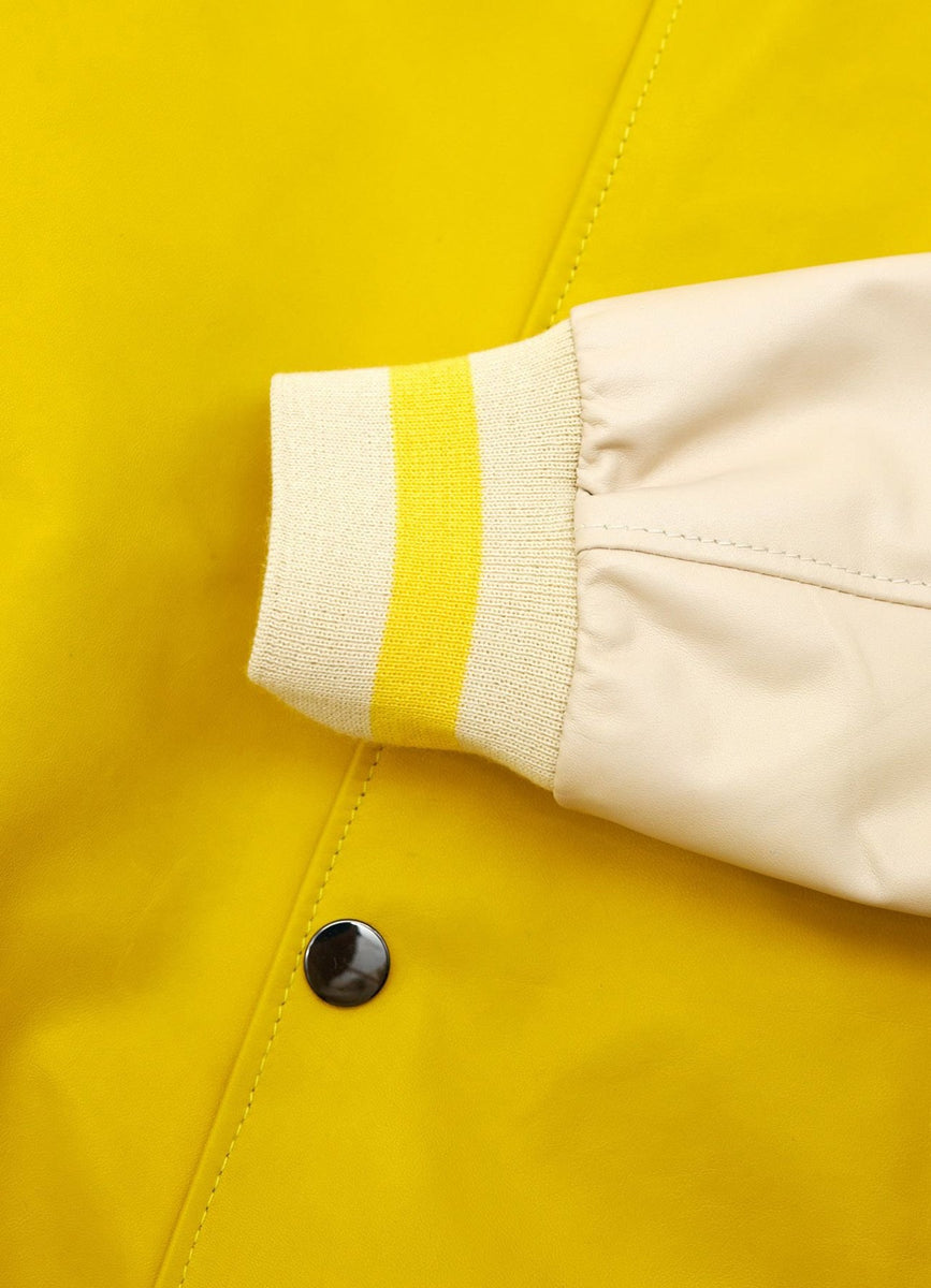 Mens Yellow Beige Leather Varsity Jacket | – Motorcycle Jackets